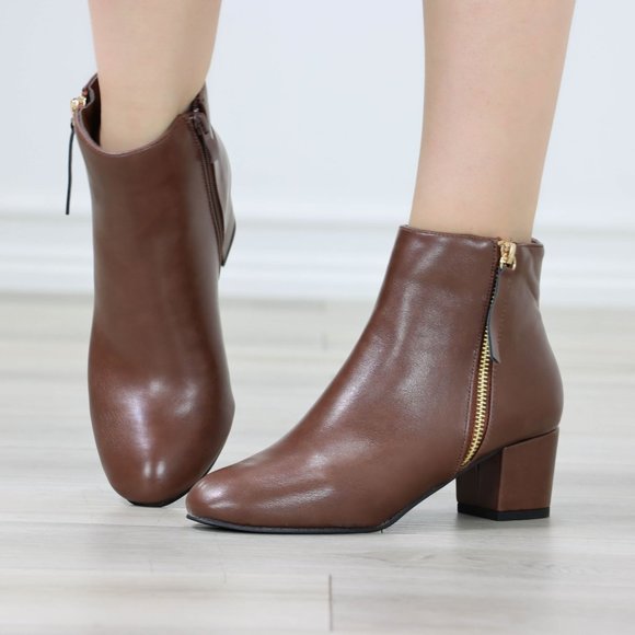 Shoes | Womens Ankle Boots Low Block Heel Brown Synthetic Leather ...